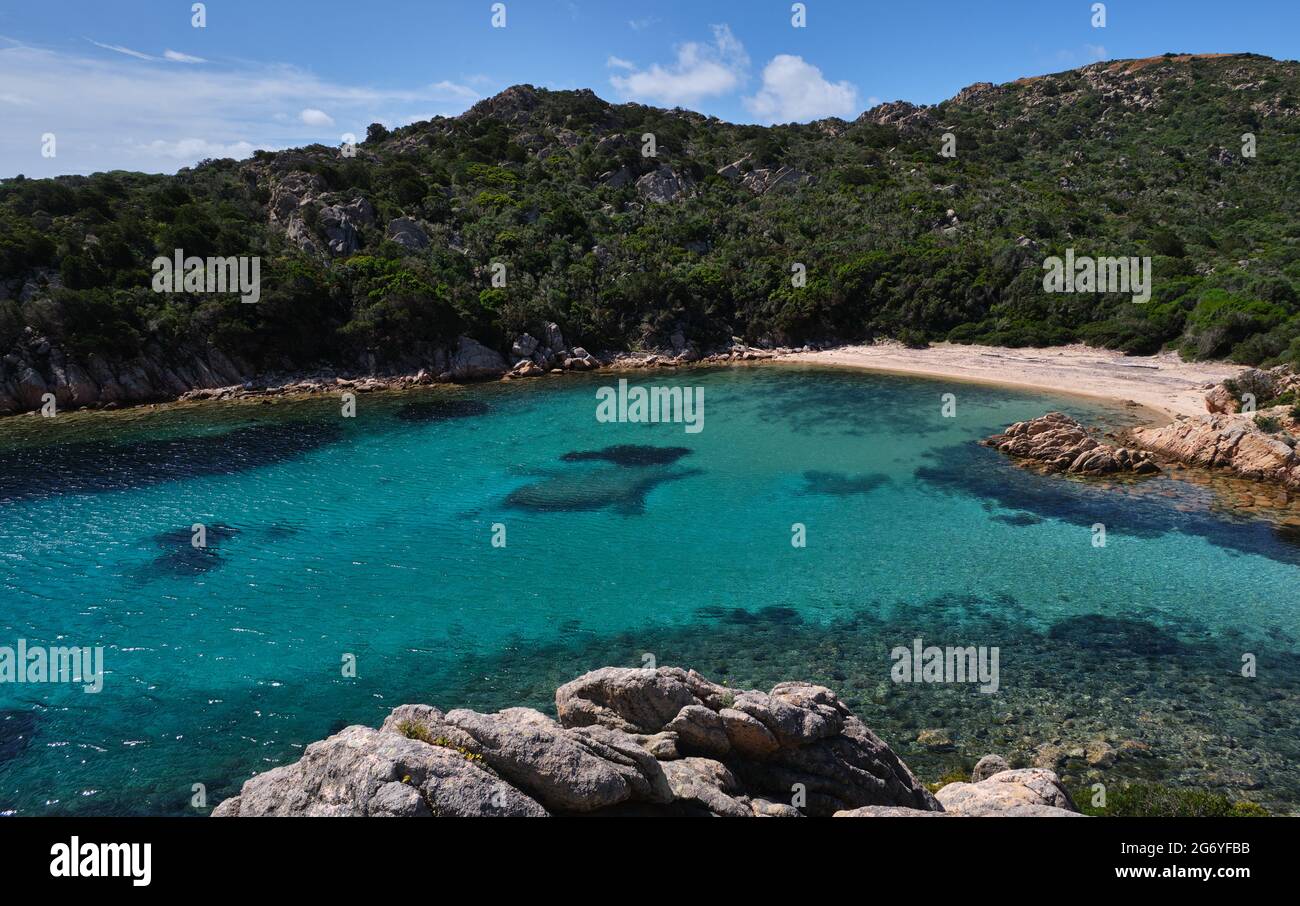 Cala Brigantina beach, little cove in Caprera island, la Maddalena ...
