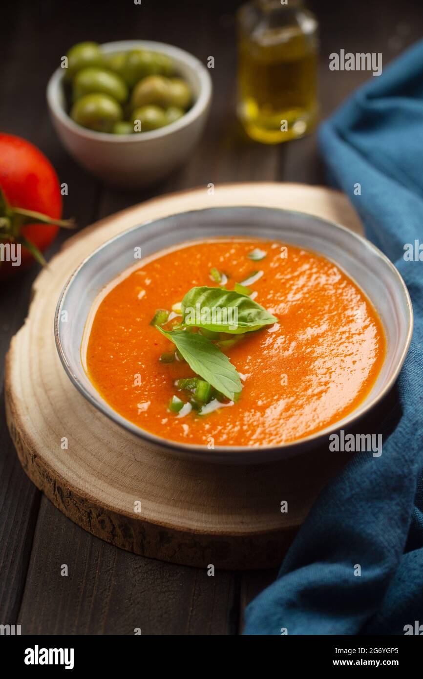 A plate of cold gazpacho made from balanced tomato, pepper and Tabasco ...