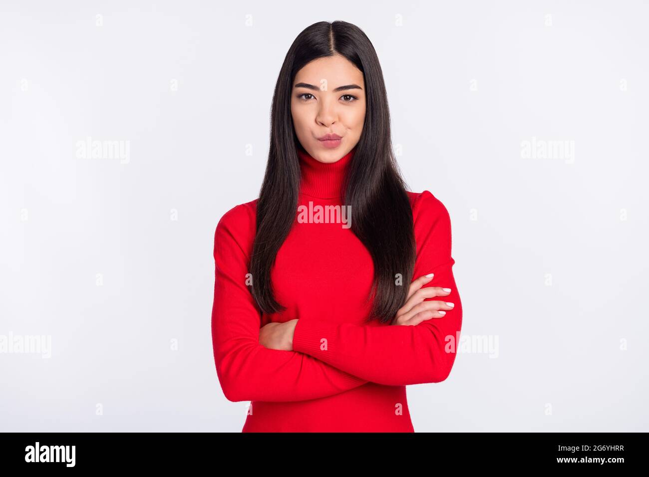 Photo of happy positive charming lovely woman with folded hands pout ...