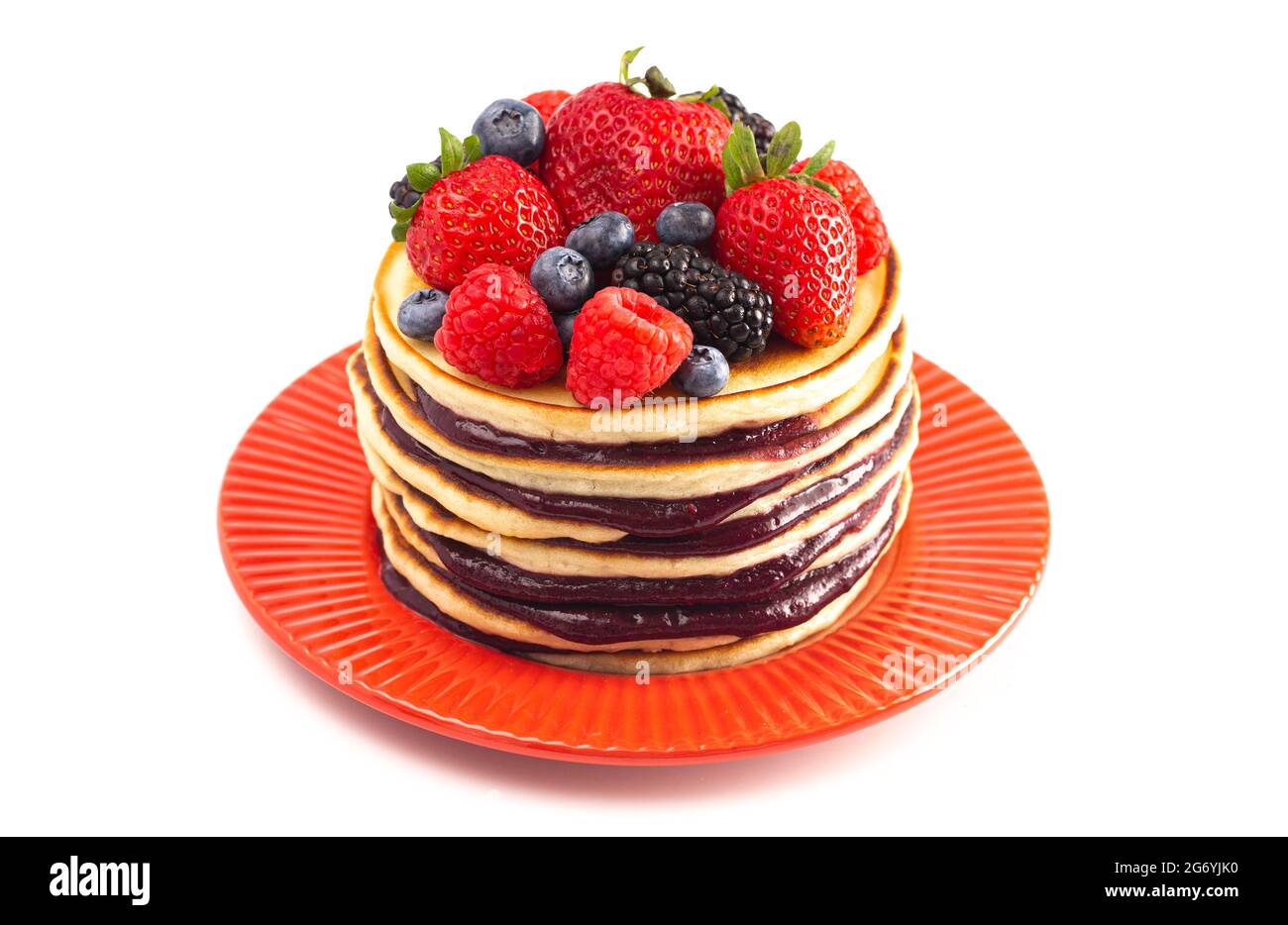 Stack of Berry Pancakes with Compote Spread Isolated on a White ...
