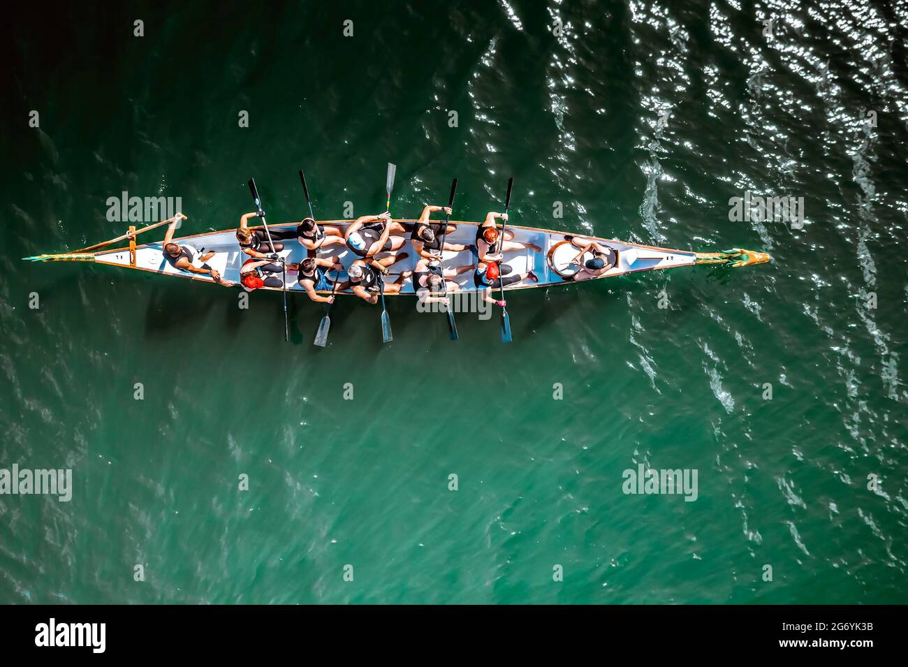 Overhead view of competitors in a boat during Dragon Boat festival ...