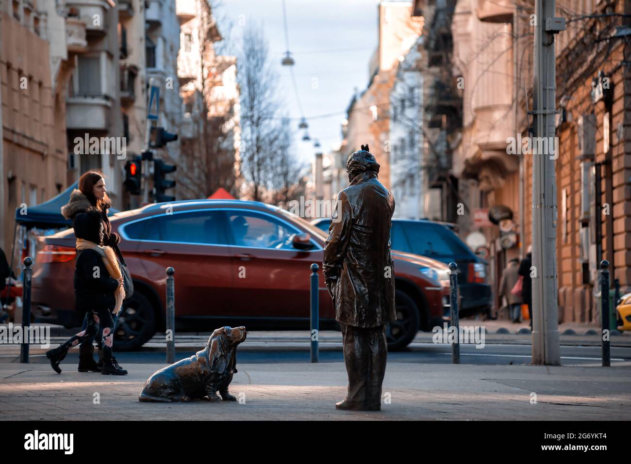 Budapest, Hungary - January 04, 2019: The Columbo statue on Falk Miksa ...