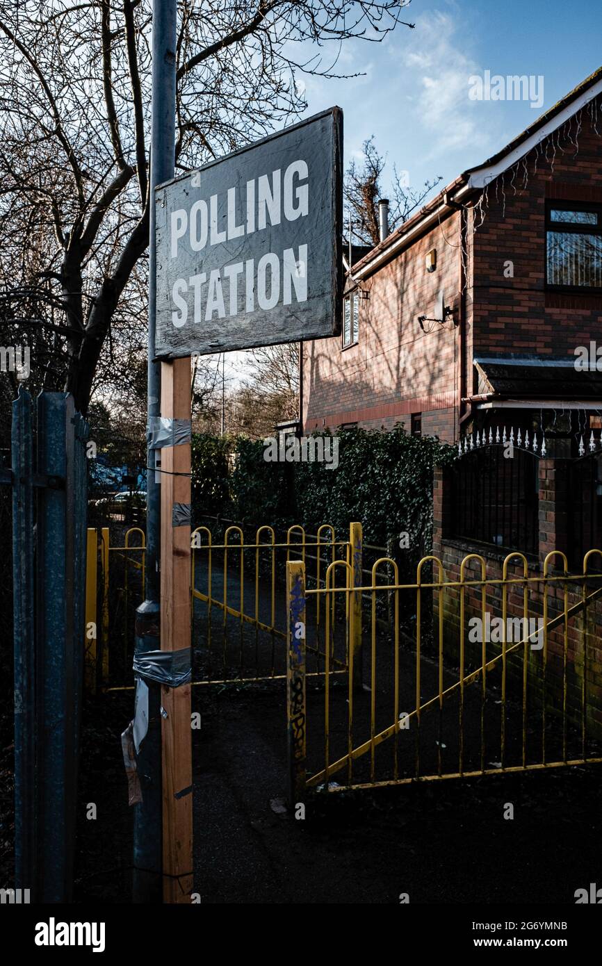 A polling station sign outside a polling station for local elections in ...