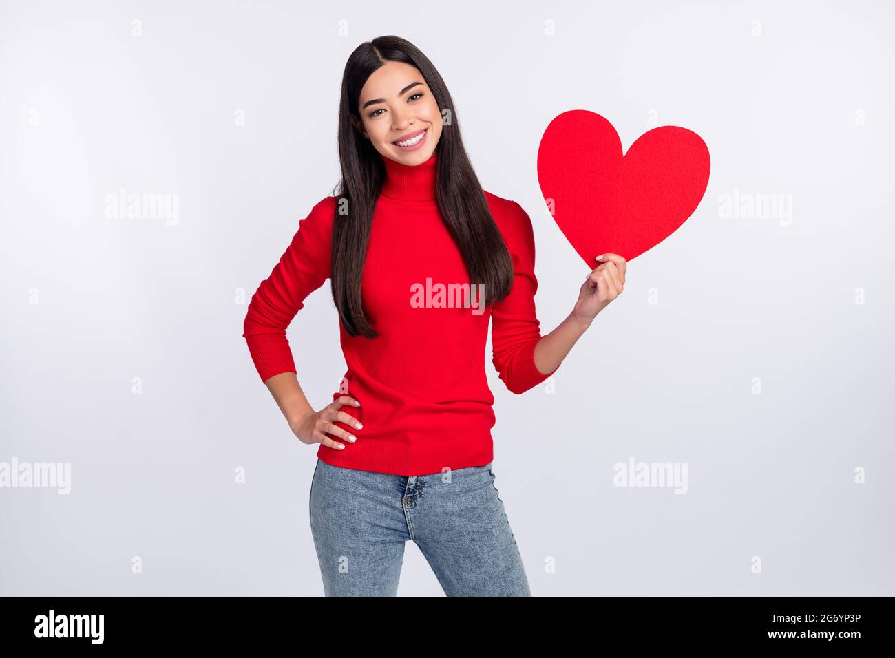 Photo of happy cheerful smiling woman hold big red paper heart ...