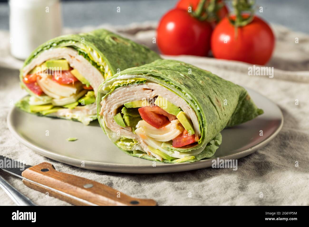 Homemade Healthy Turkey Spinach Wraps with Tomato and Lettuce Stock ...