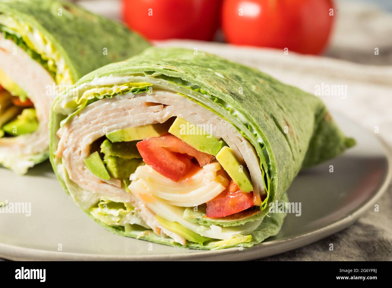 Homemade Healthy Turkey Spinach Wraps with Tomato and Lettuce Stock ...