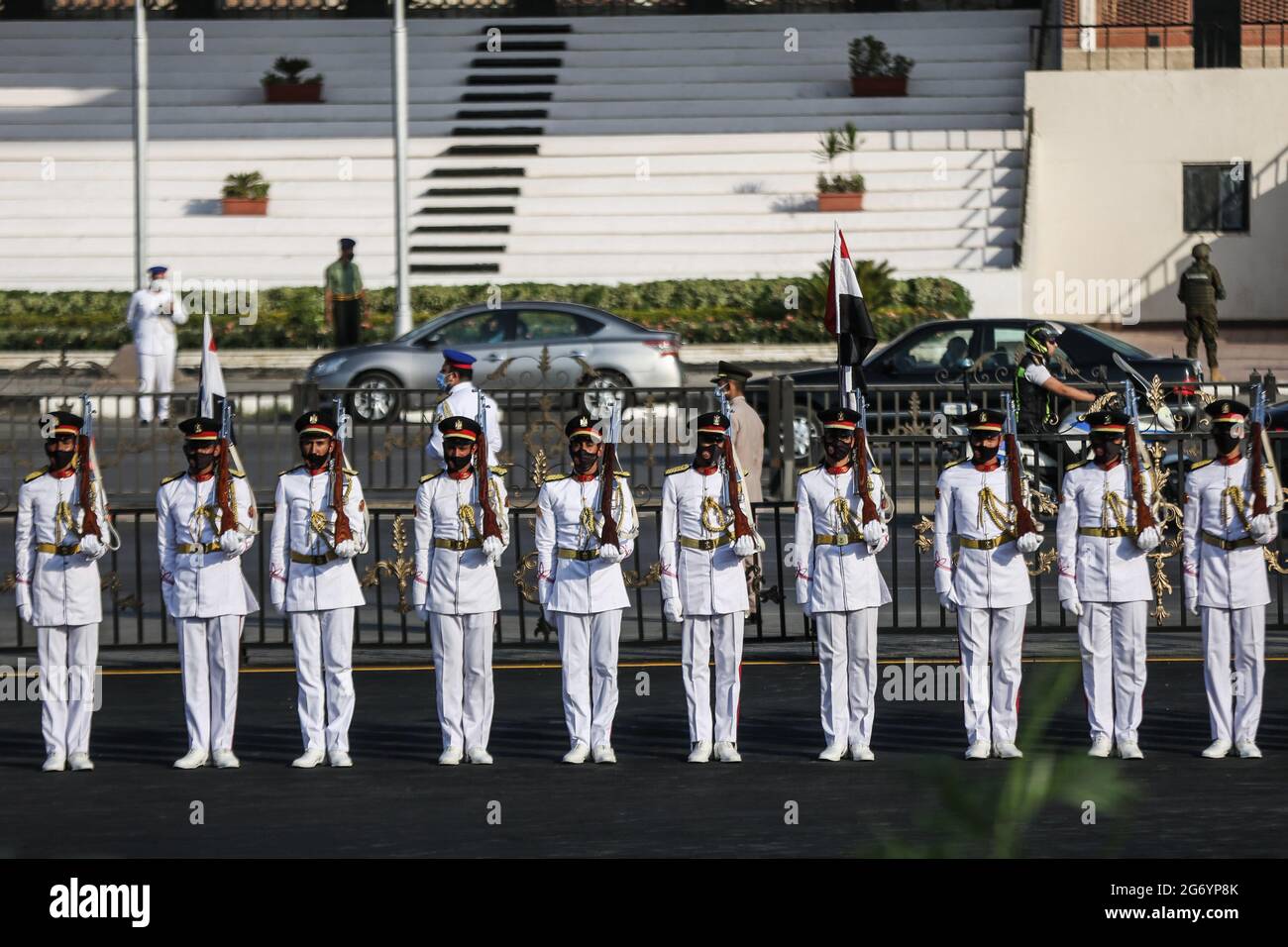 09 July 2021, Egypt, Cairo: Egyptian honour guards stand at attention ...