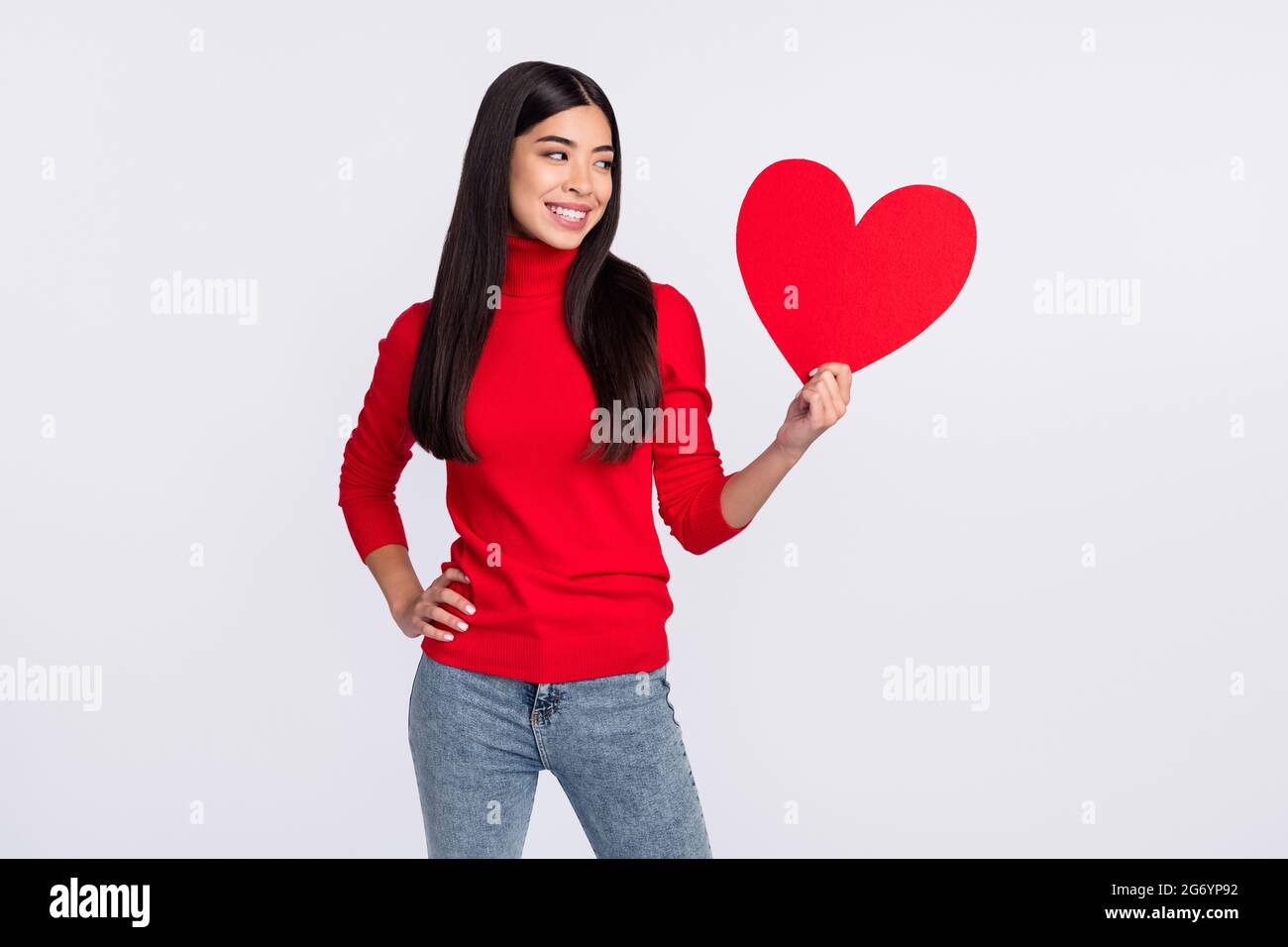 Photo of happy cheerful good mood woman look big red heart valentine ...