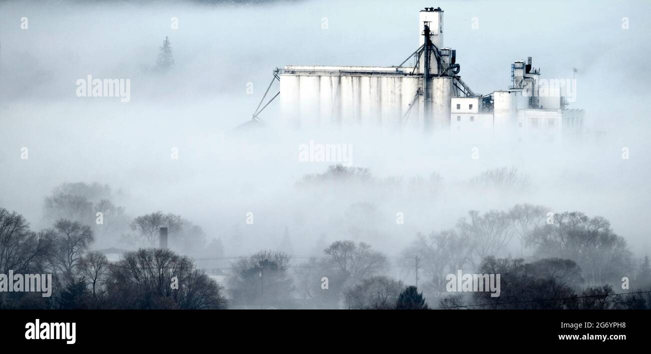 Foggy fog building in small town mountains rural western America ...