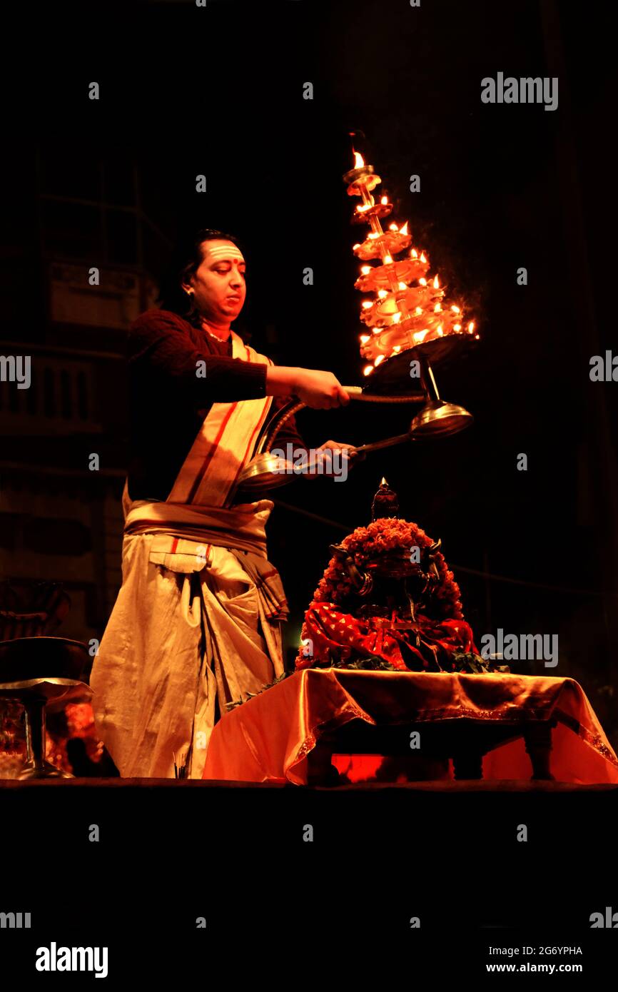 Varanasi, India 01 February 2021 Ganga aarti ceremony rituals performed ...