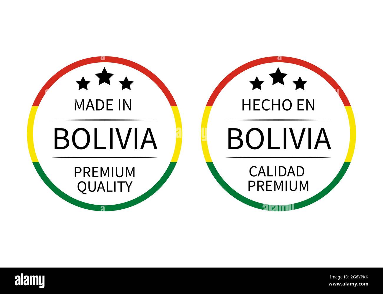 Made in Bolivia round labels in English and in Spanish languages ...