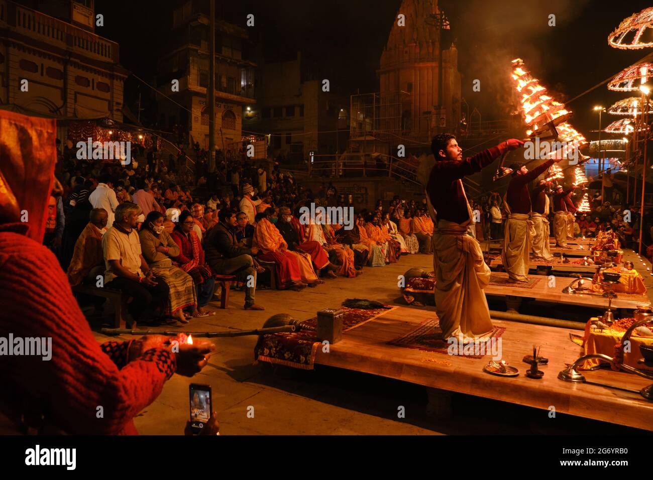 Varanasi, India 01 February 2021 Ganga aarti ceremony rituals performed ...