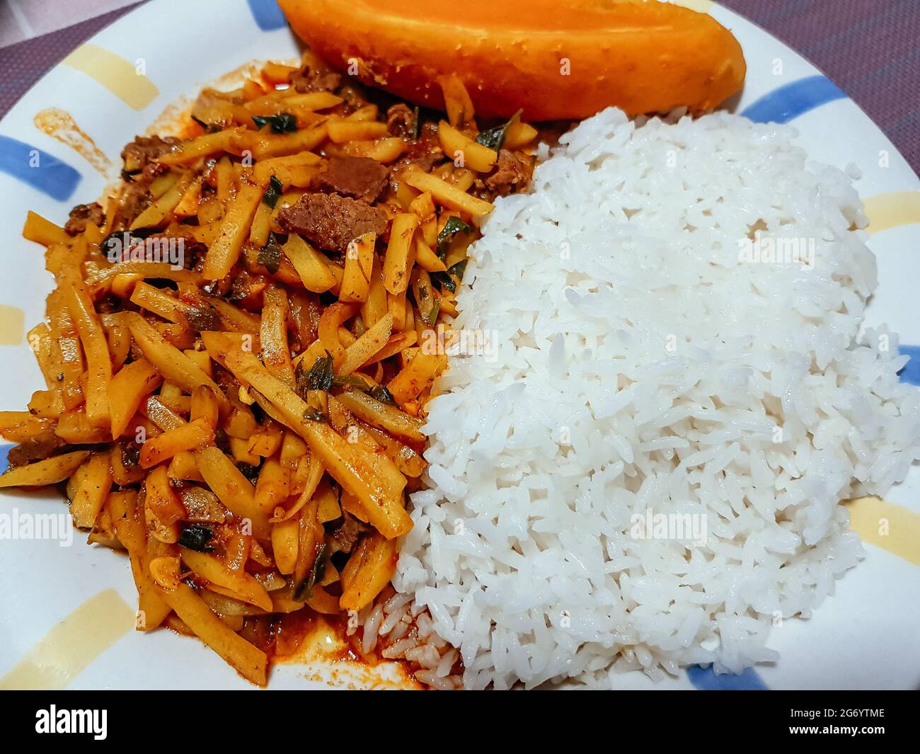 Olluco stew with rice and sweet potato, Peruvian homemade food Stock ...