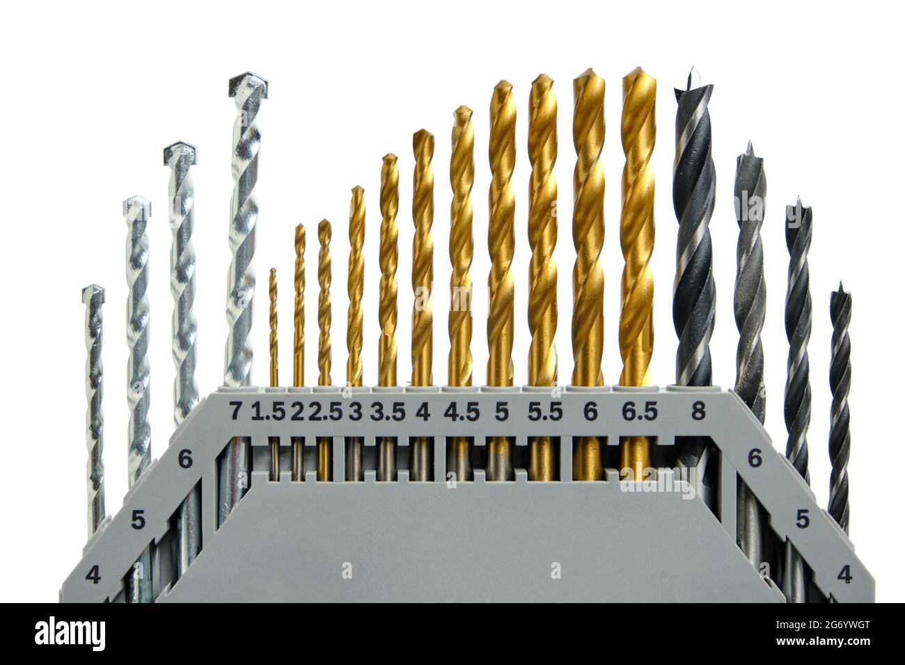 Set drills for metal concrete and wood on a white background Stock ...