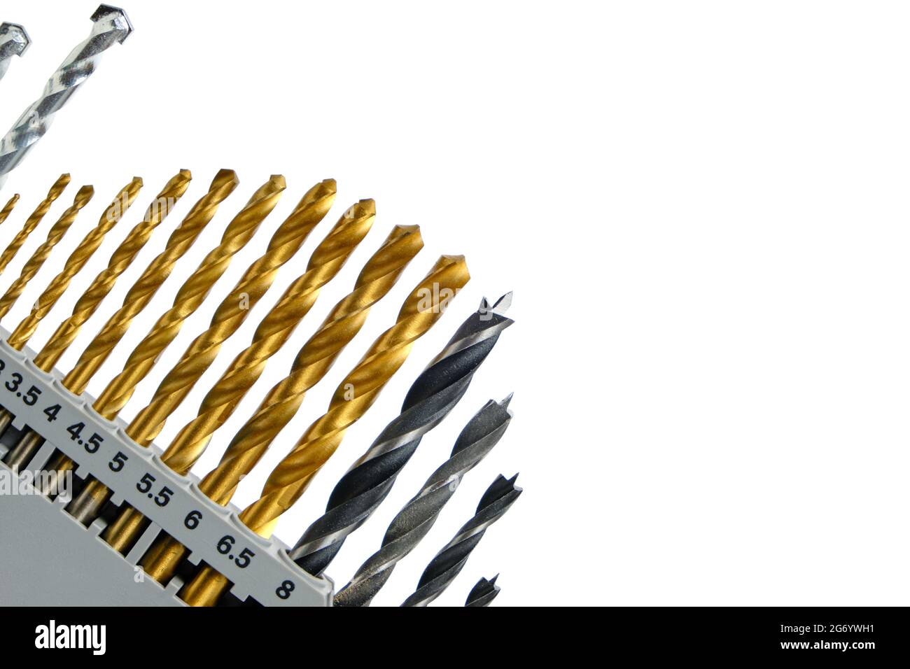 Set drills for metal concrete and wood on a white background Stock ...
