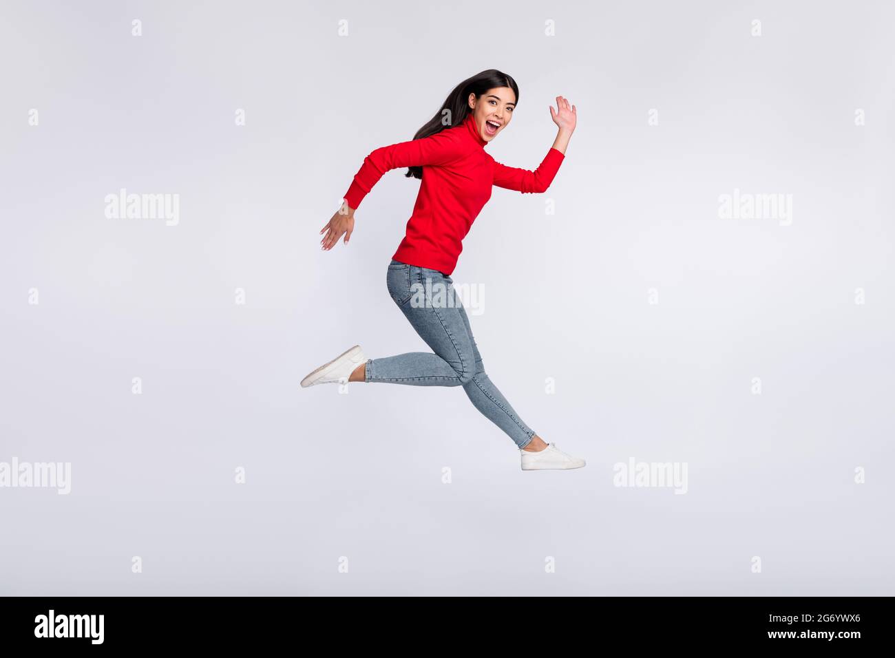 Full size profile side photo of happy excited good mood asian girl ...