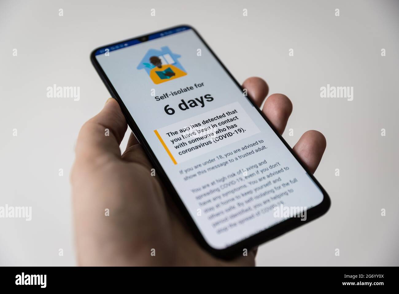Hand holding a mobile showing a notification of self-isolation request ...