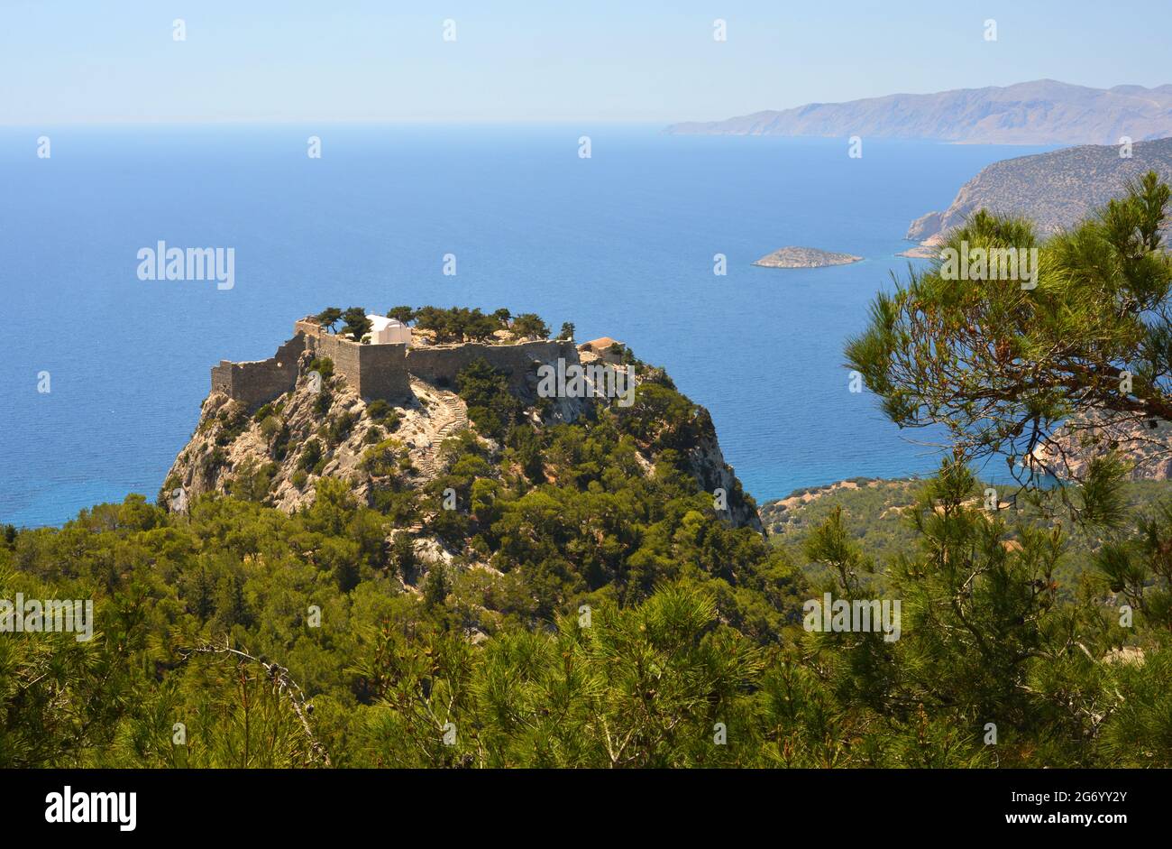 View to the ancient medieval castle Monolithos, Rhodes island, Greece ...