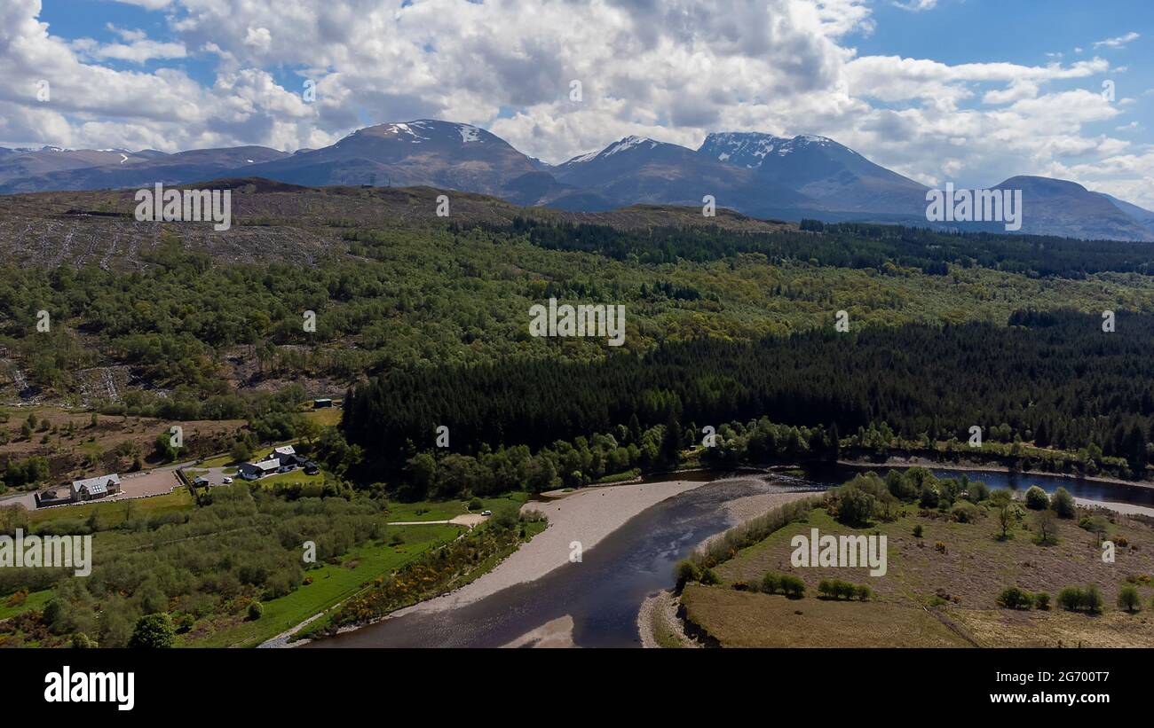 An aerial view of the River Lochy in the Great Glen near Fort William ...