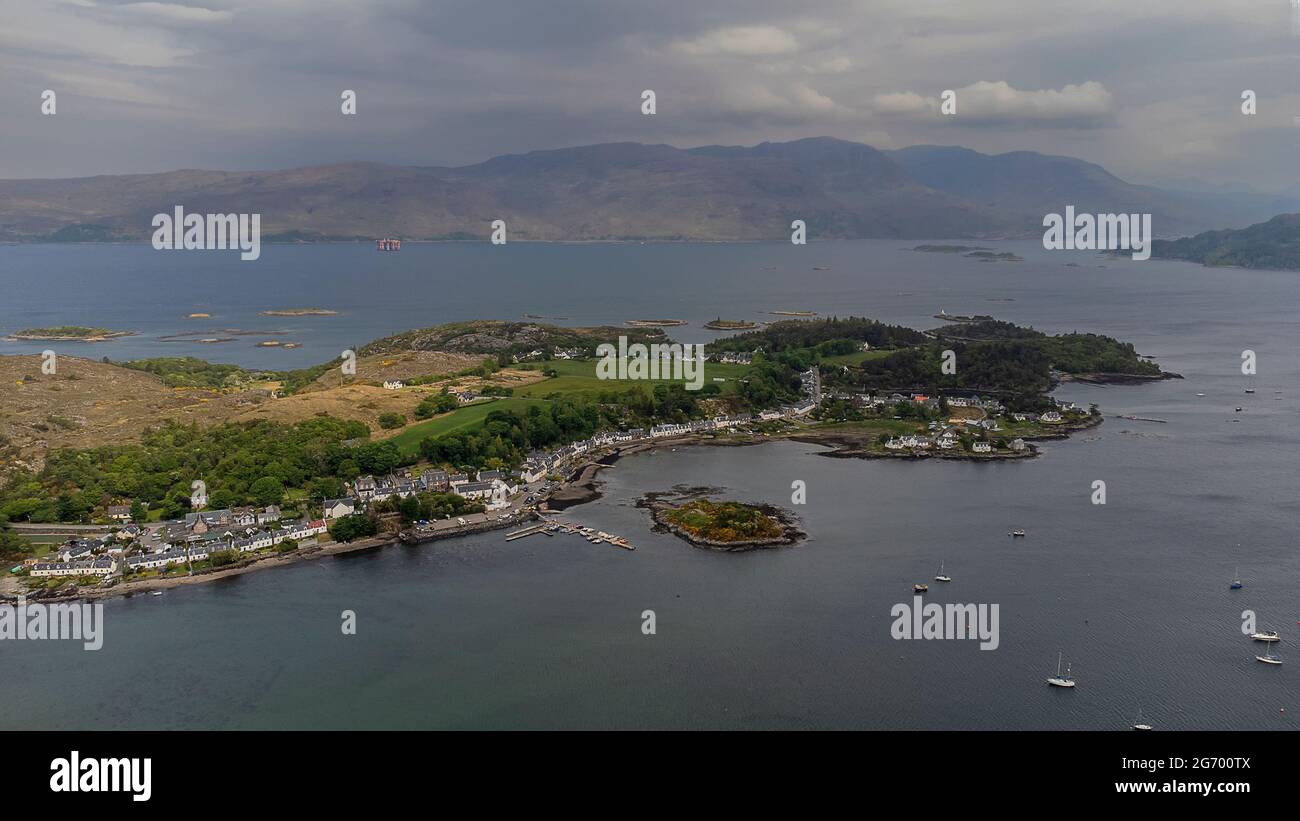 An aerial view of the village of Plockton in the Scottish Highlands, UK ...