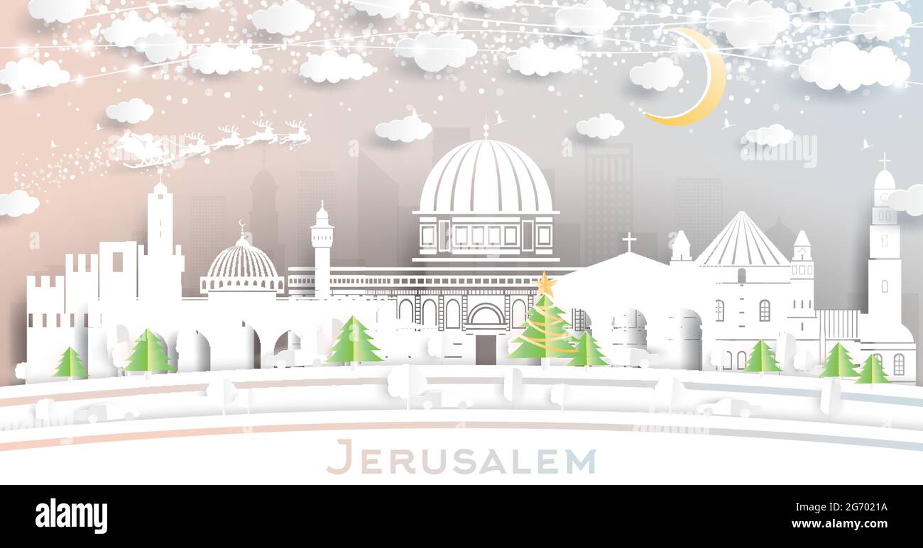 Jerusalem Israel City Skyline in Paper Cut Style with White Buildings ...