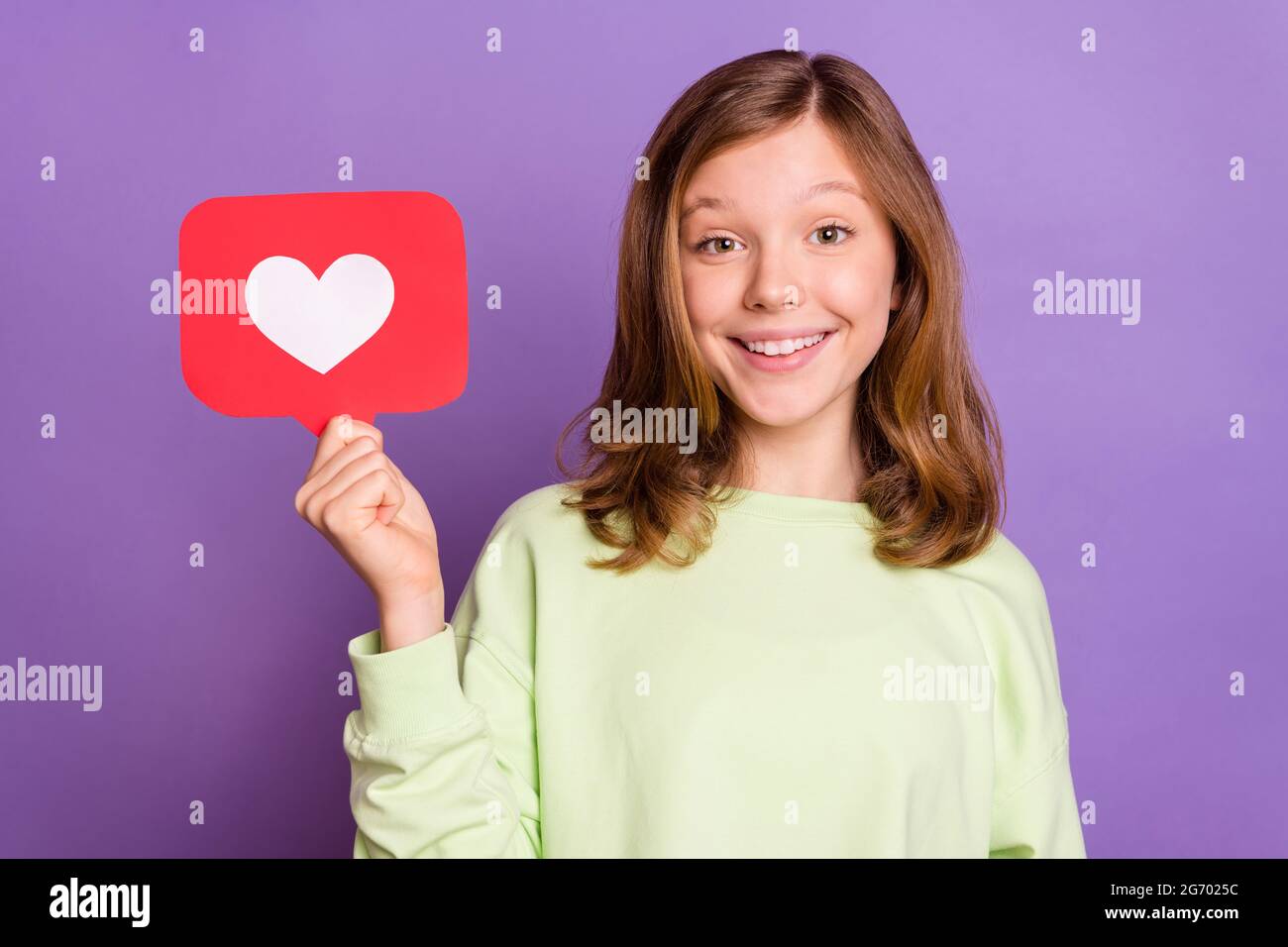 Photo of young girl happy positive smile show reaction icon like repost ...