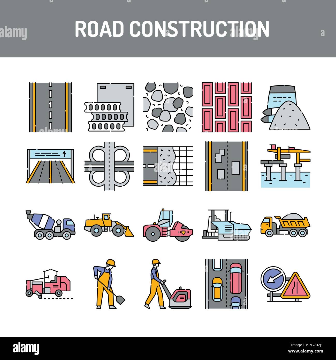 Road construction line icons set. Isolated vector element. Outline ...