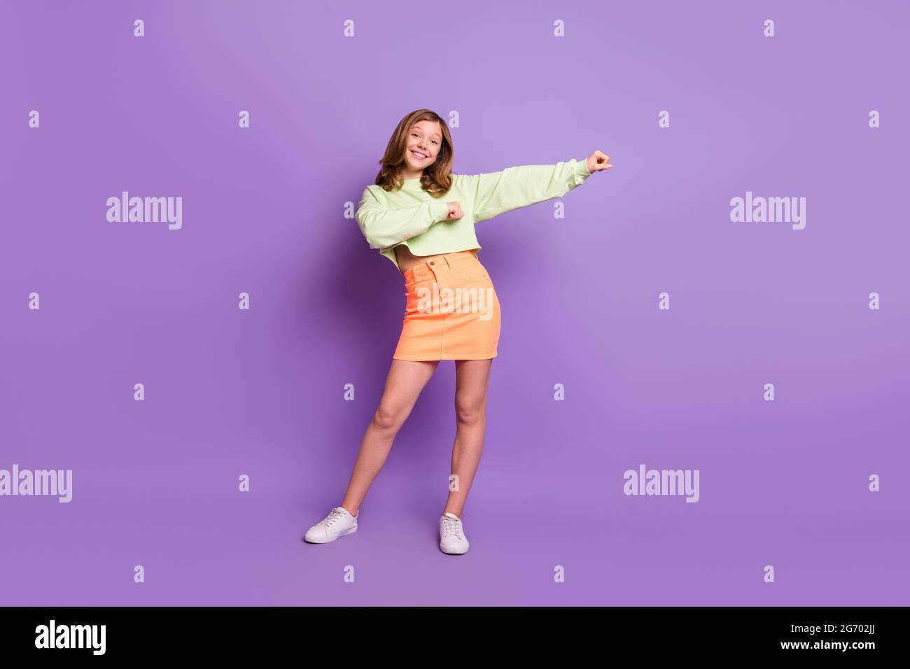 Full size photo of young attractive girl happy positive smile have fun ...