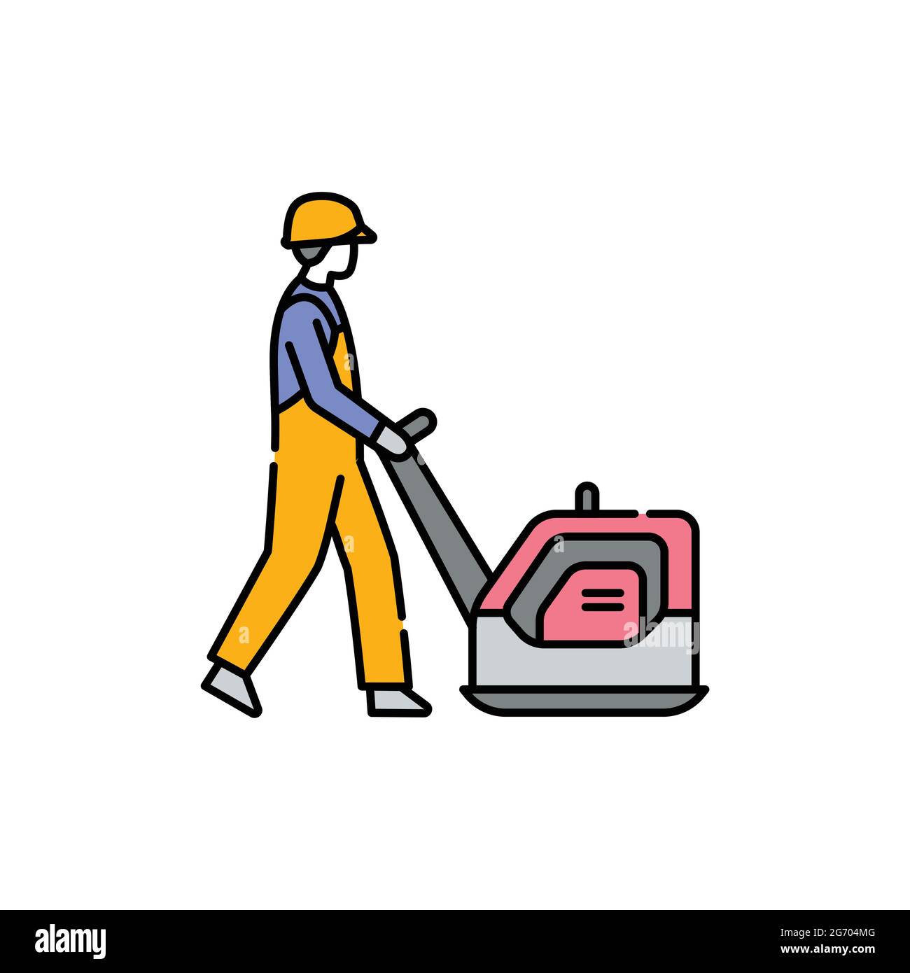 Worker with vibrating plate sign olor line icon. Road construction ...