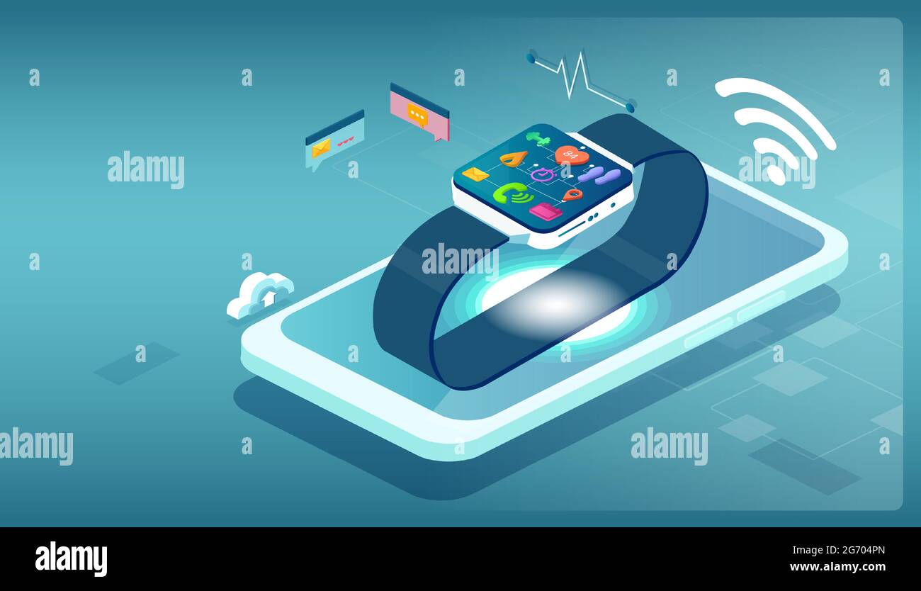Vector of a smartphone with wearable device smart watch on top of it ...