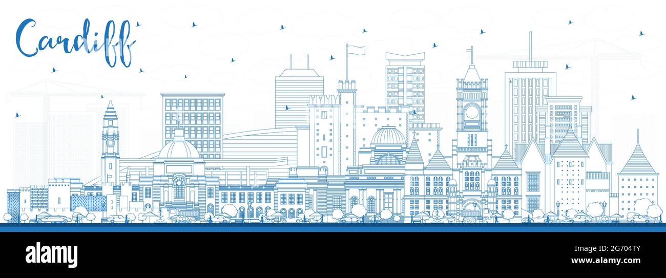 Outline Cardiff Wales City Skyline with Blue Buildings. Vector ...