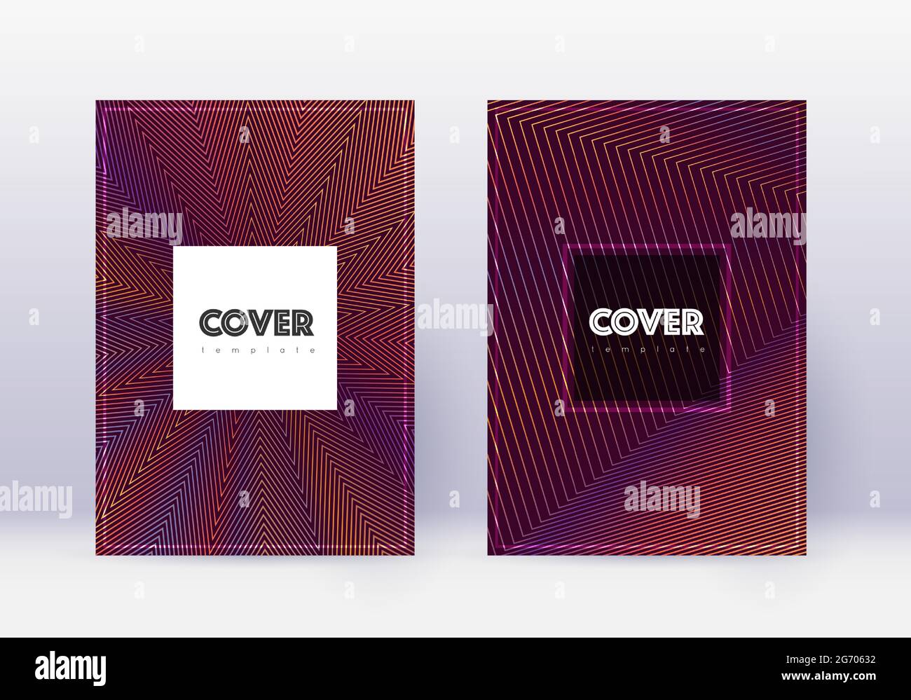 Hipster cover design template set. Orange abstract lines on wine red ...
