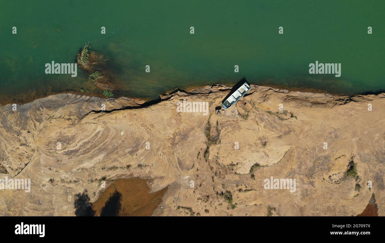 Serra Azul, Brazil. 09th July, 2021. Pardo River bed partially dry, in ...