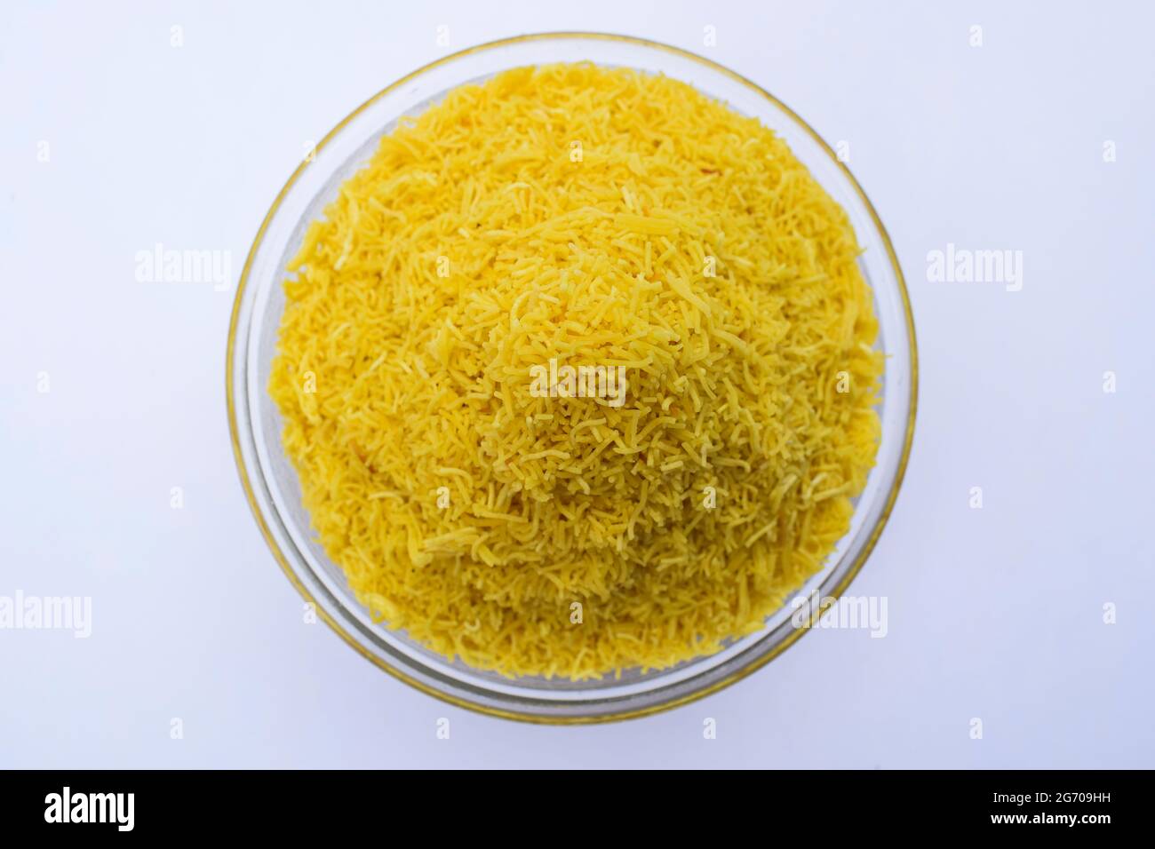 Side view of Nylon sev namkeen also known as Jheeni sev or Barik sev ...