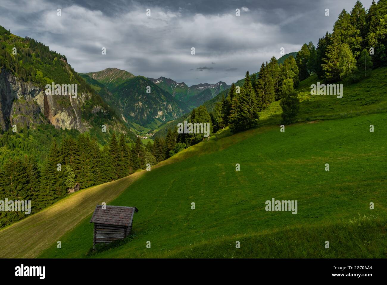 Summer valley with Grossarler Ache small river and blue white cloudy ...