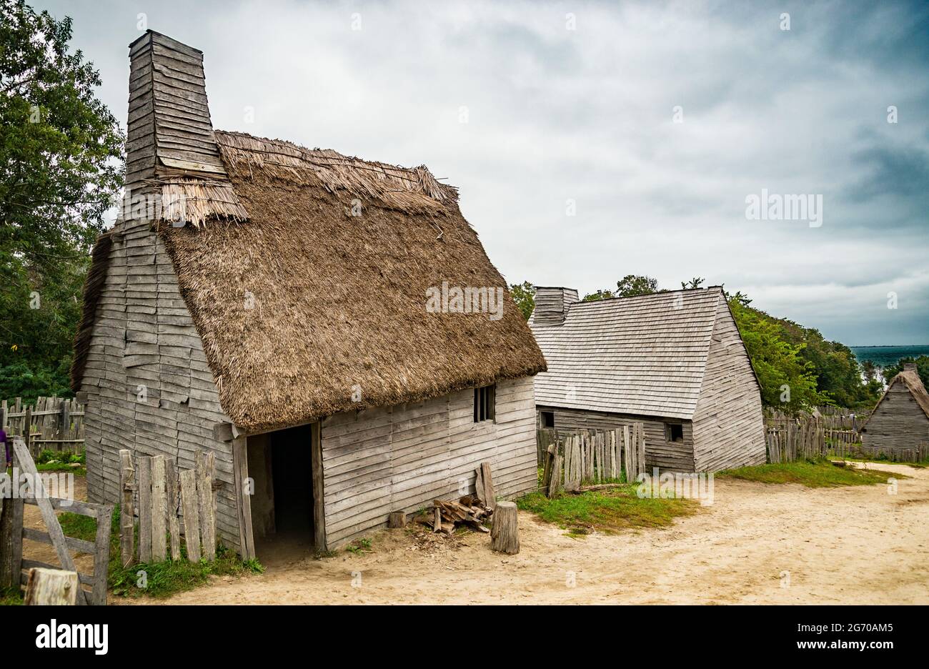 Old buildings in Plymouth plantation at Plymouth, MA. It was the first ...