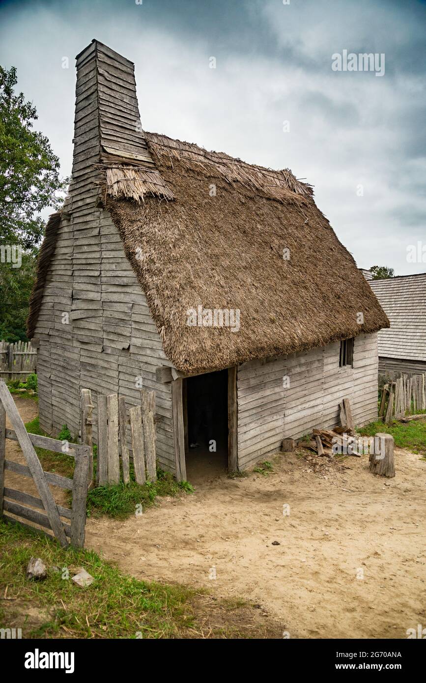 Old buildings in Plymouth plantation at Plymouth, MA. It was the first ...