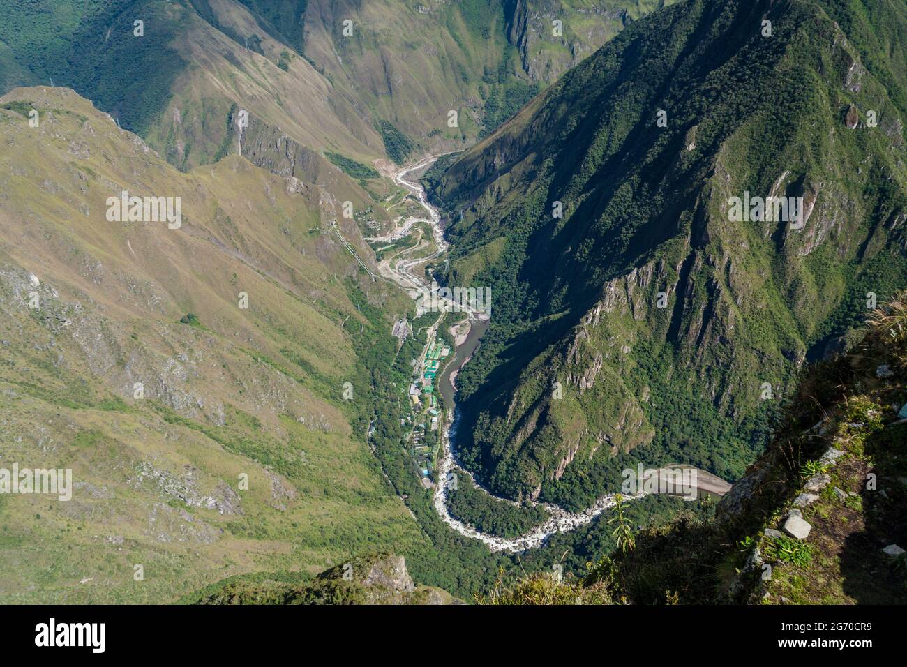 Aerial view of Urubamba valley (with hydroelectric station) from Machu ...