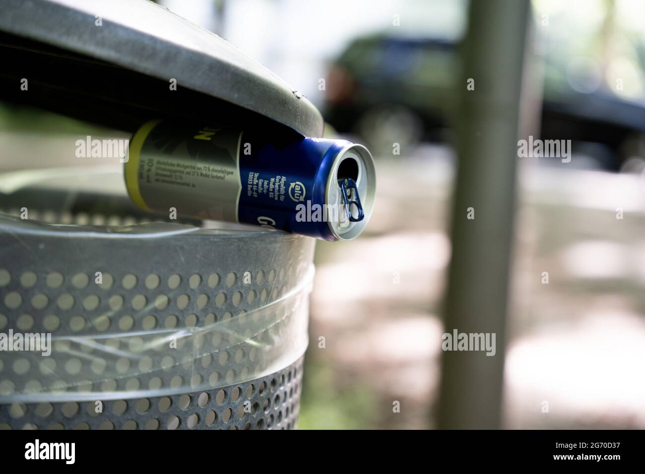MUNICH, GERMANY - Jun 14, 2021: The empty can in trash bin in Germany ...