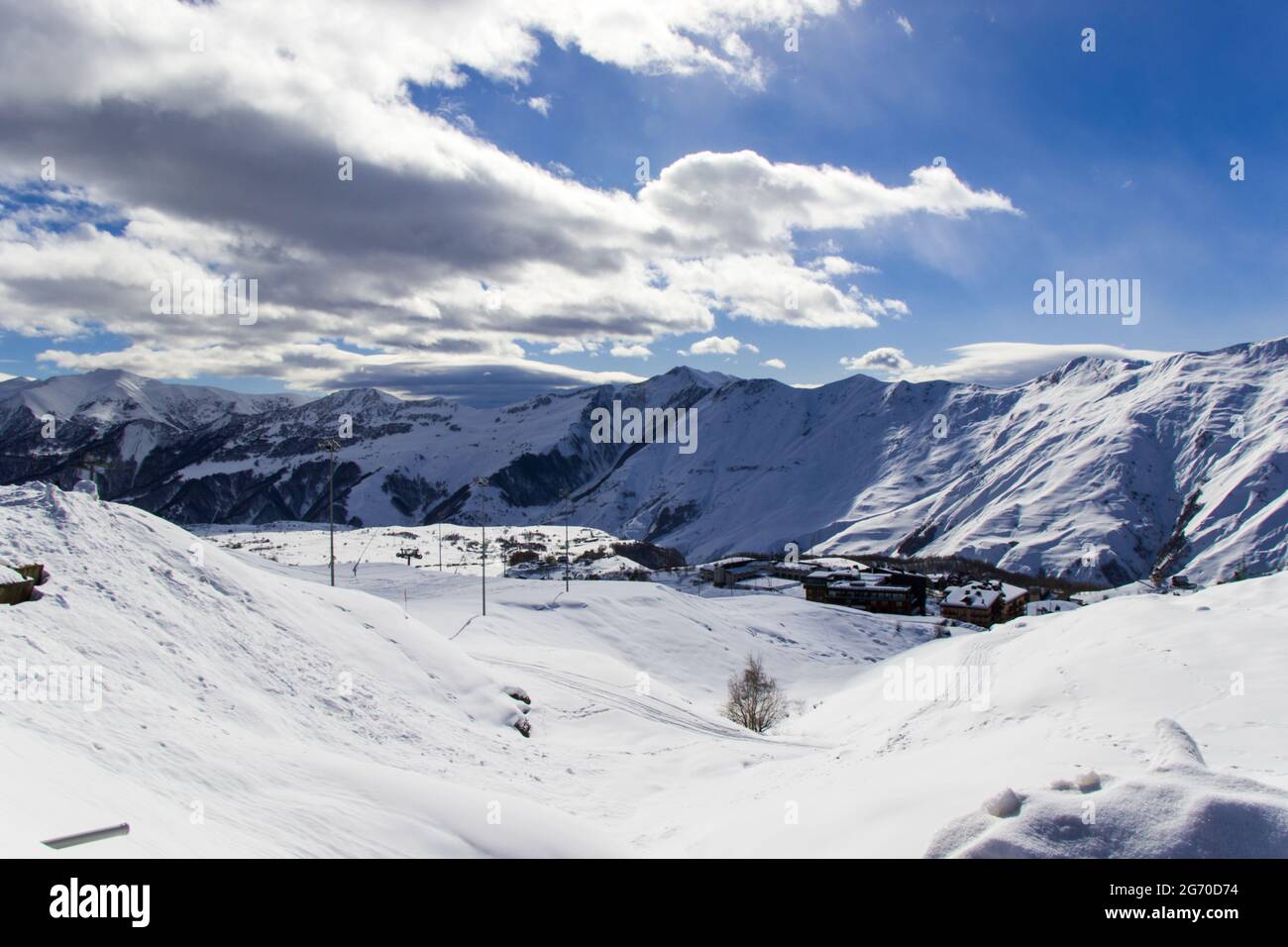 Beautiful view of snowy mountain landscapes in Gudauri, Georgia on a ...