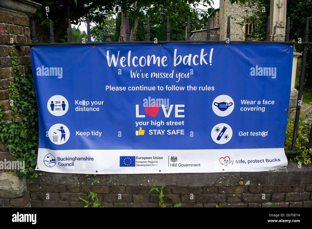 Iver, Buckinghamshire, UK. 9th July, 2021. A Welcome Back sign in Iver ...