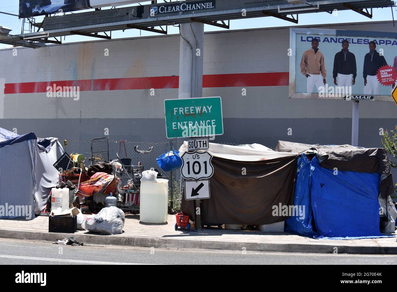 Los Angeles, CA USA - June 30, 2021: Homeless encampment om the ...
