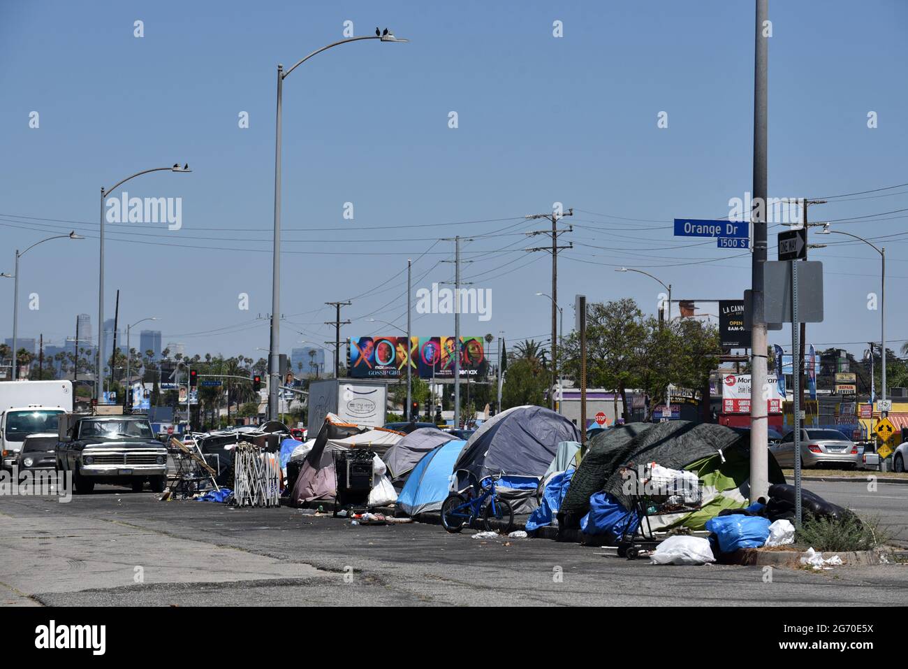 Los Angeles, CA USA - June 30, 2021: Homeless encampment on a traffic ...