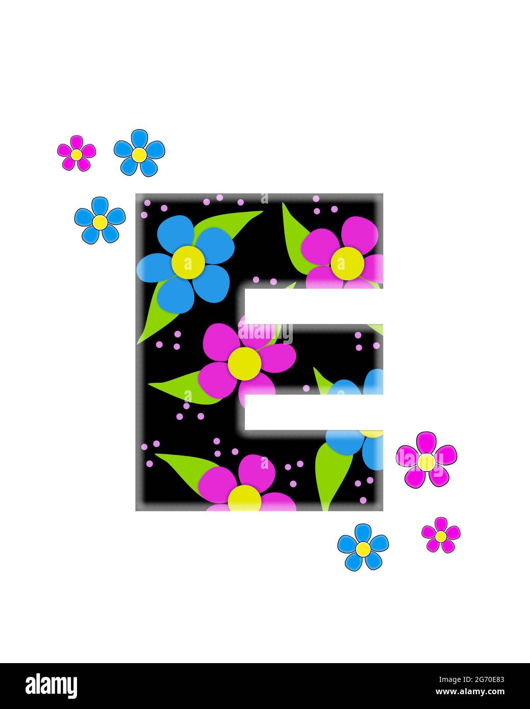 The letter E, in the alphabet set "Flower Topia," light black and ...
