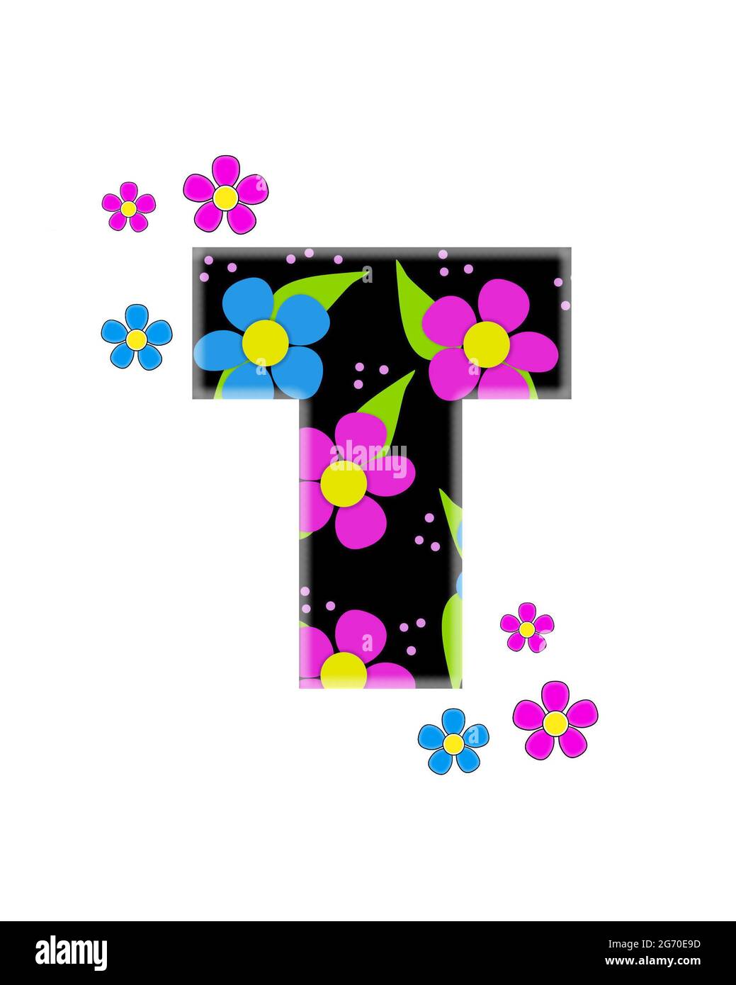 The letter T, in the alphabet set "Flower Topia," is black and filled ...