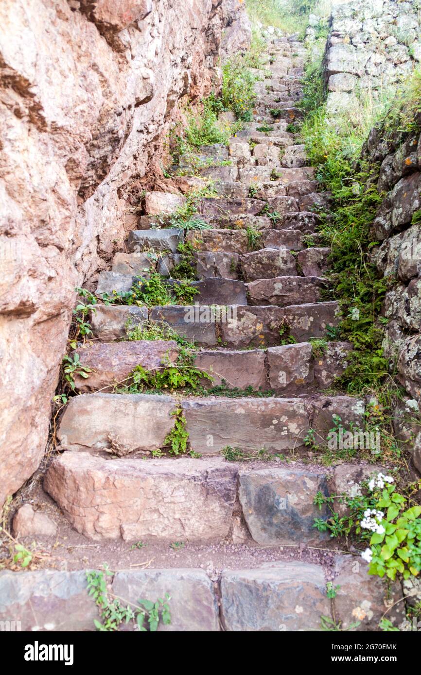 Stairway at ancient Inca's ruins in Pisac village, Sacred Valley of ...