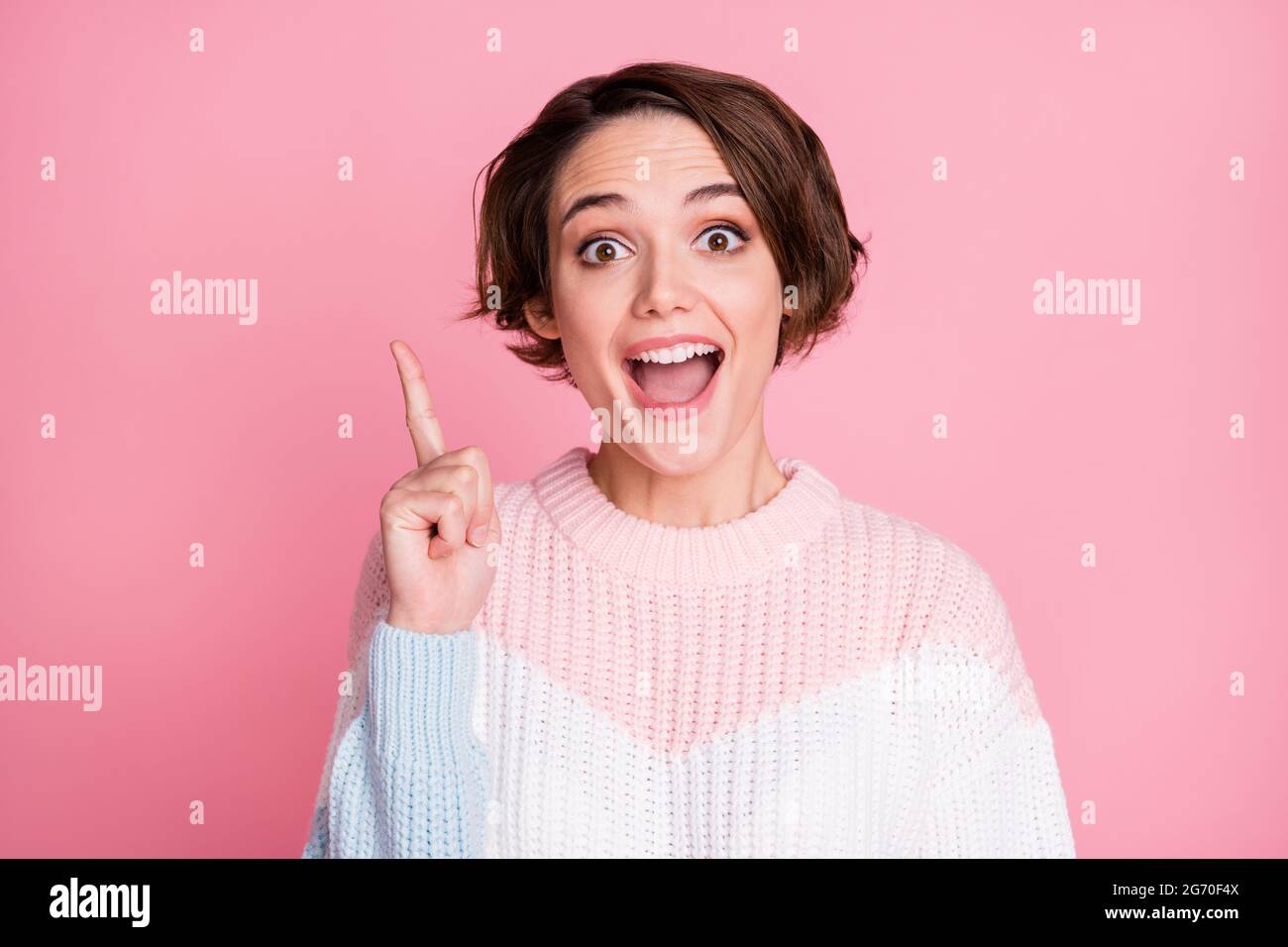 Portrait of impressed lady direct finger up open mouth unbelievable ...