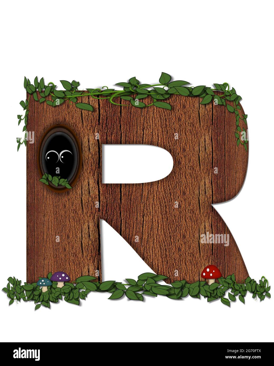 The letter R, in the alphabet set "Log" is filled with wod texture ...