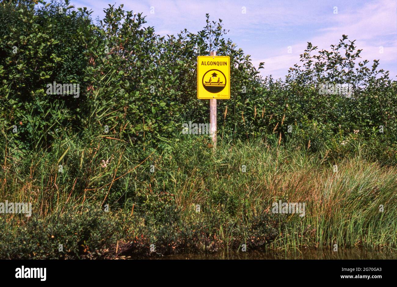 A yellow sign showing you the canoeing route to Algonquin Provicional ...
