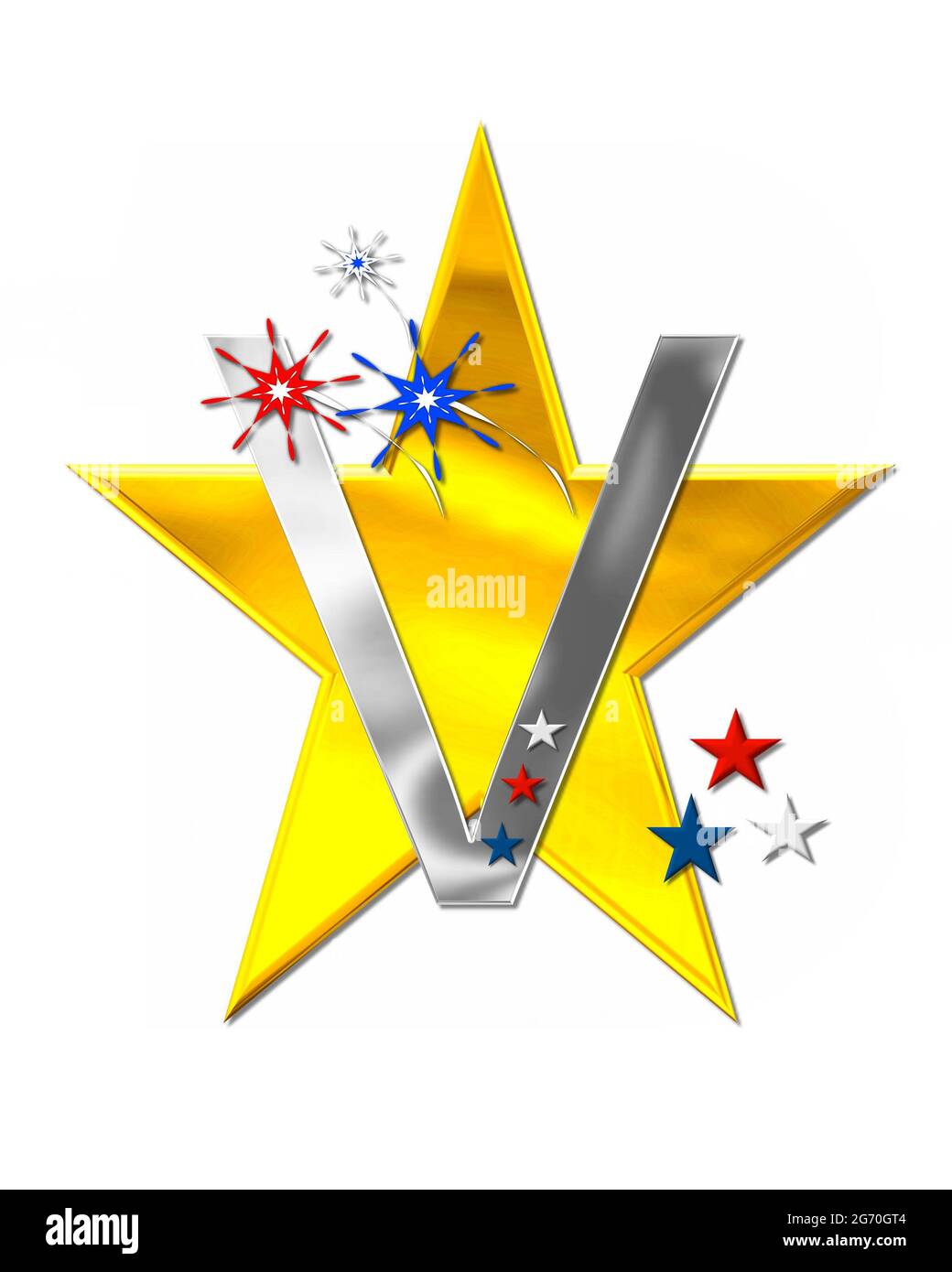 The letter V, in the alphabet set "Patriotism" is silver metalic ...